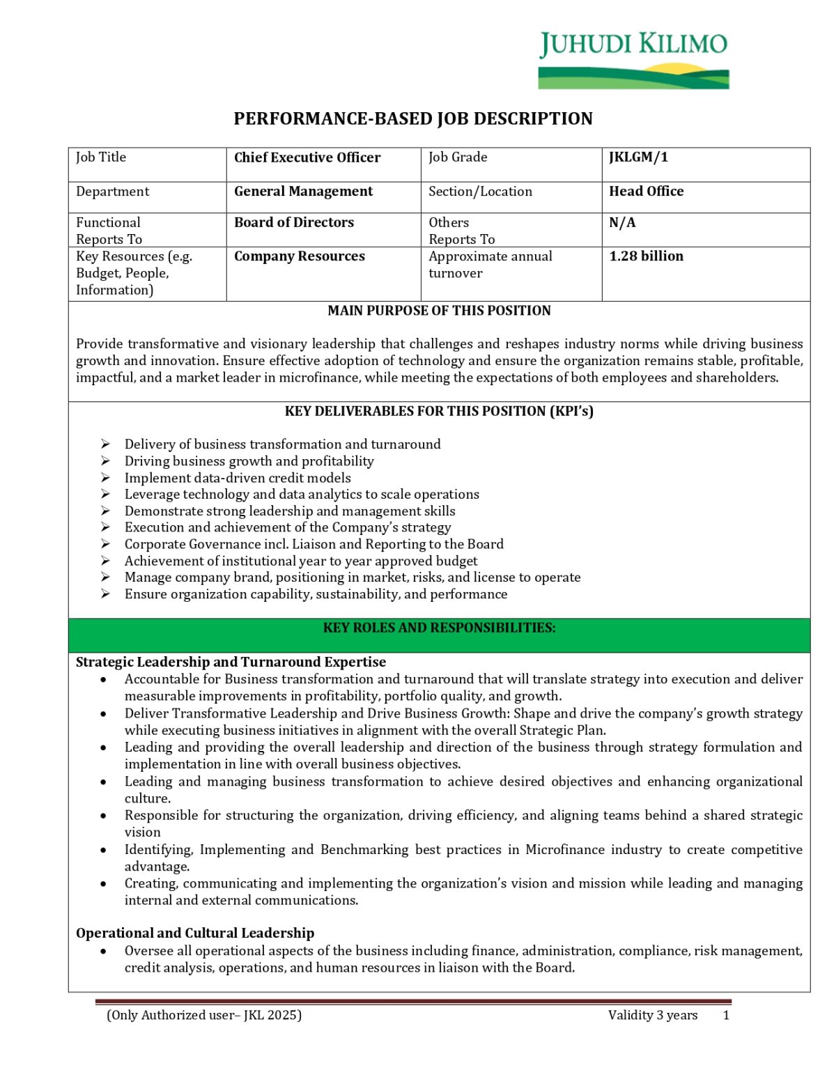 CEO Performance-Based Job Description - Juhudi Kilimo